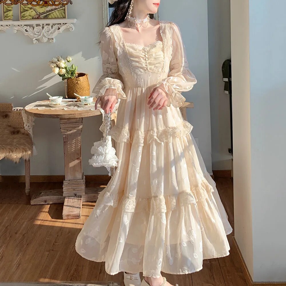Medieval Romantic French Court Style Dress Womens Spring Flare Sleeve ...